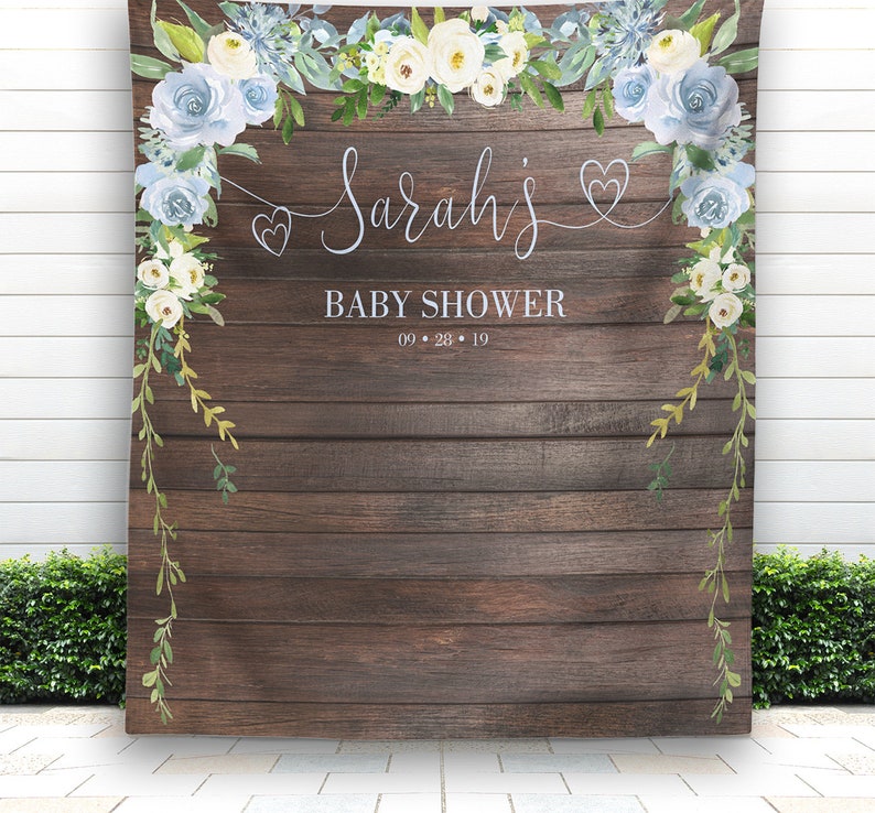 Rustic Blue Floral Baby Shower Backdrop Flowers and Wood | Etsy