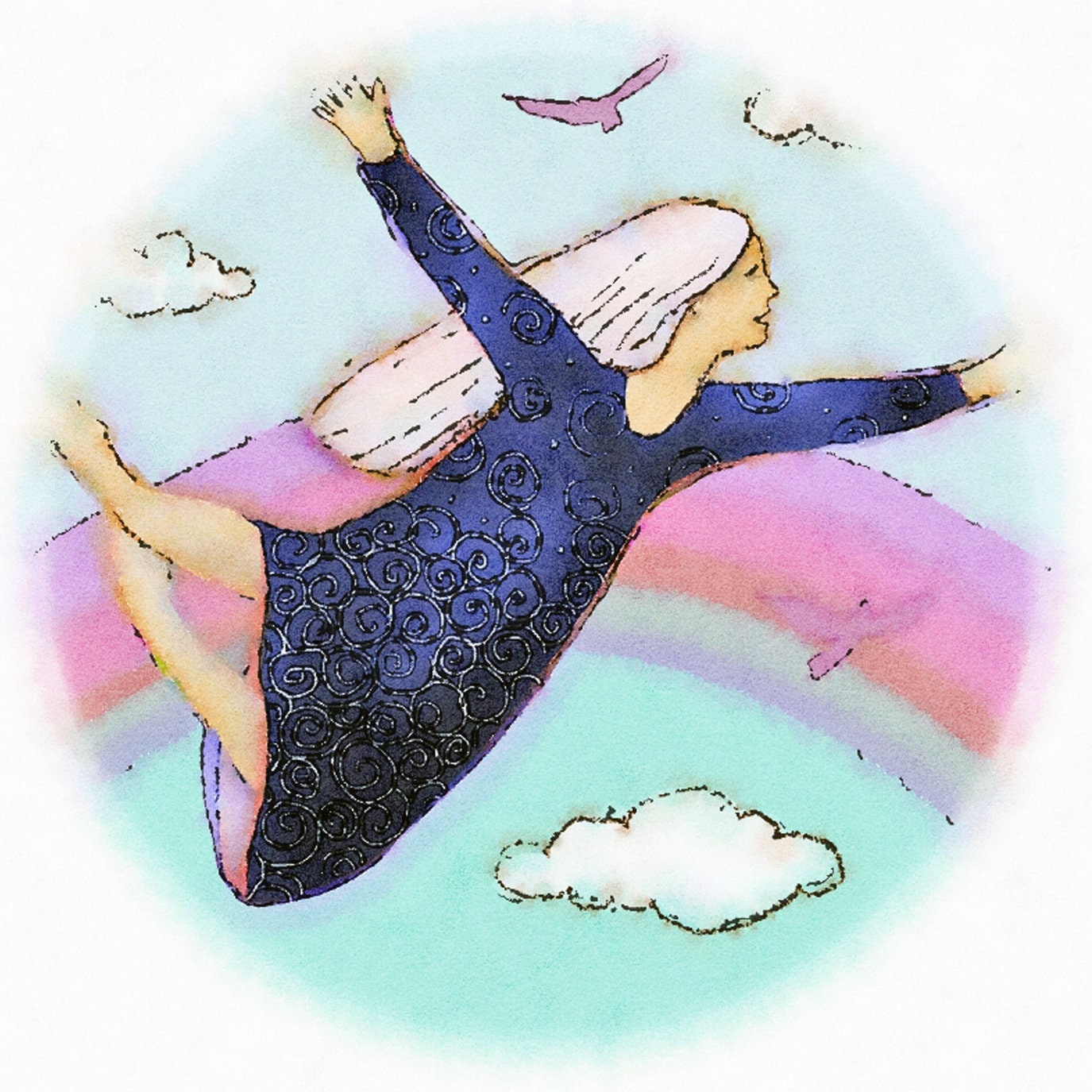 Girl Flying In The Sky Drawing