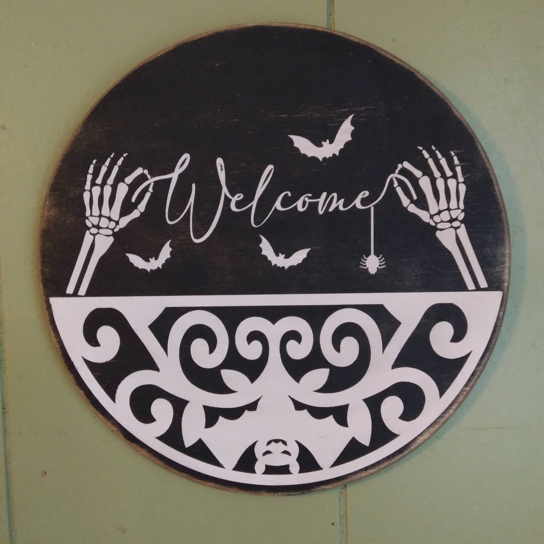 Skeleton Welcome Sign Halloween Sign Bat Sign Round Sign Halloween ...