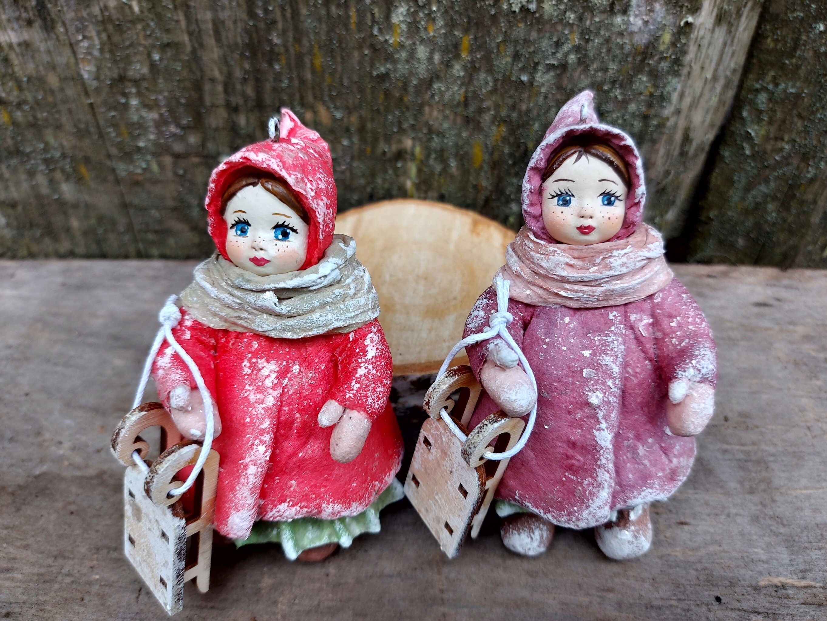 Spun Cotton Figurine Tiny Winter Girl in Red Sculpture Christmas Tree ...