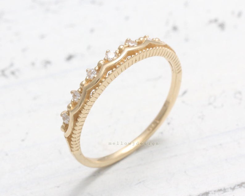 Genuine Diamonds Tiara Wave Line Solid Gold Wedding Band Ring - Etsy