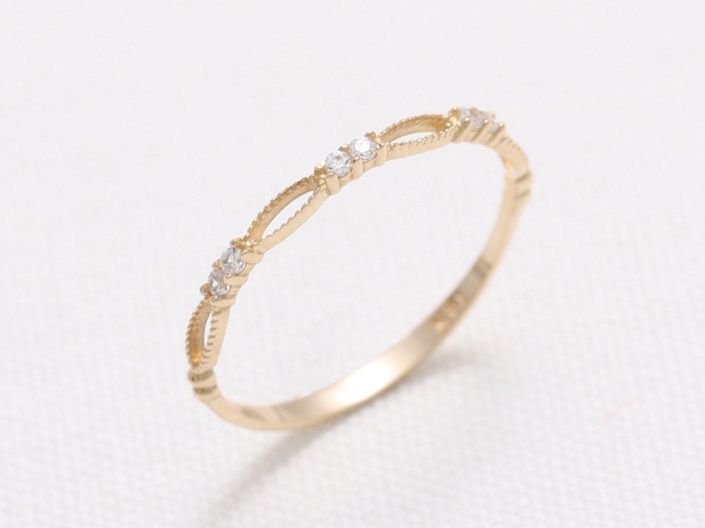 CZ Filigree Lace Thin Band Ring Solid Gold Tiny CZ Milgrain - Etsy
