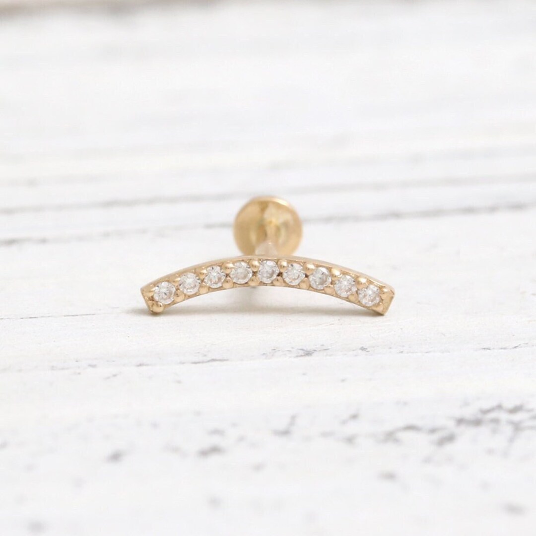 Slim Curved Line CZ, Moissanite, Lab, Genuine Diamond Pave 14K Gold ...