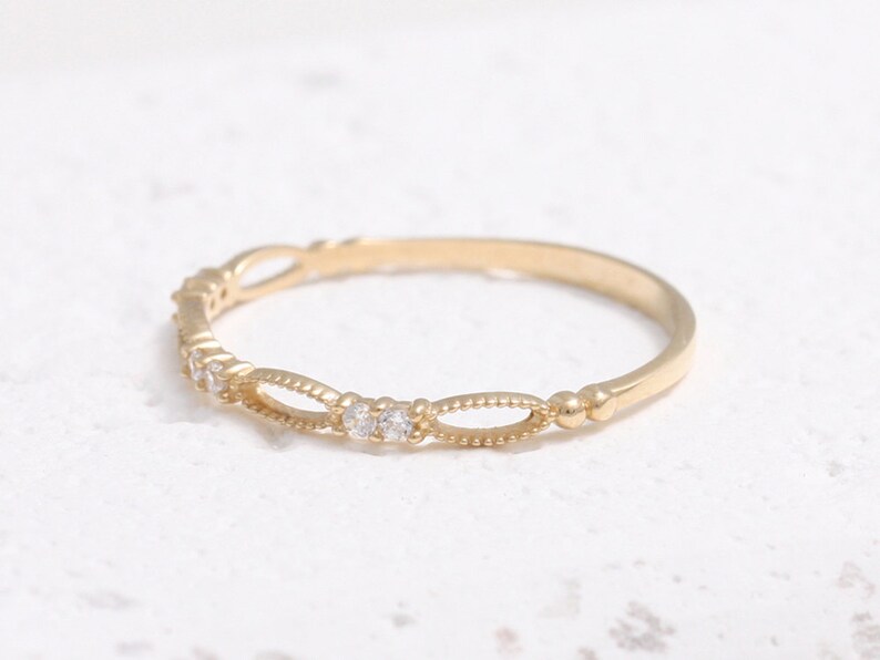 CZ Filigree Lace Thin Band Ring Solid Gold Tiny CZ Milgrain - Etsy
