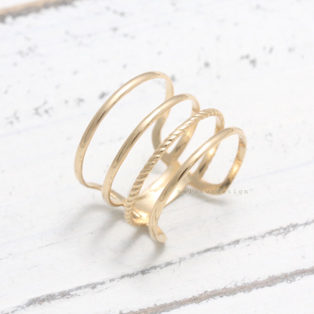Solid Gold Twisted Rope With Triple Line Band Ring - Etsy