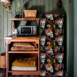 Gothic Refrigerator Wrap Side by Side, Vinyl Skull Black Tropical ...