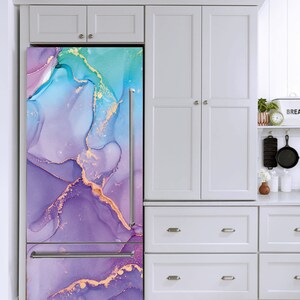 Fridge Wrap Marble Gold Purple Teal, Refrigerator Wrap Vinyl, Door ...