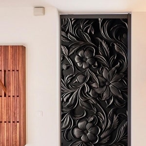 Black Door Wrap Vinyl, Floral Wood Carving Door Mural Peel & Stick ...