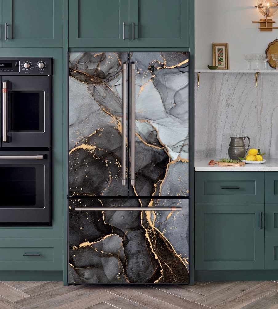 Marble Fridge Wrap Black Gold, Luxury Refrigerator Vinyl Decal, Modern ...