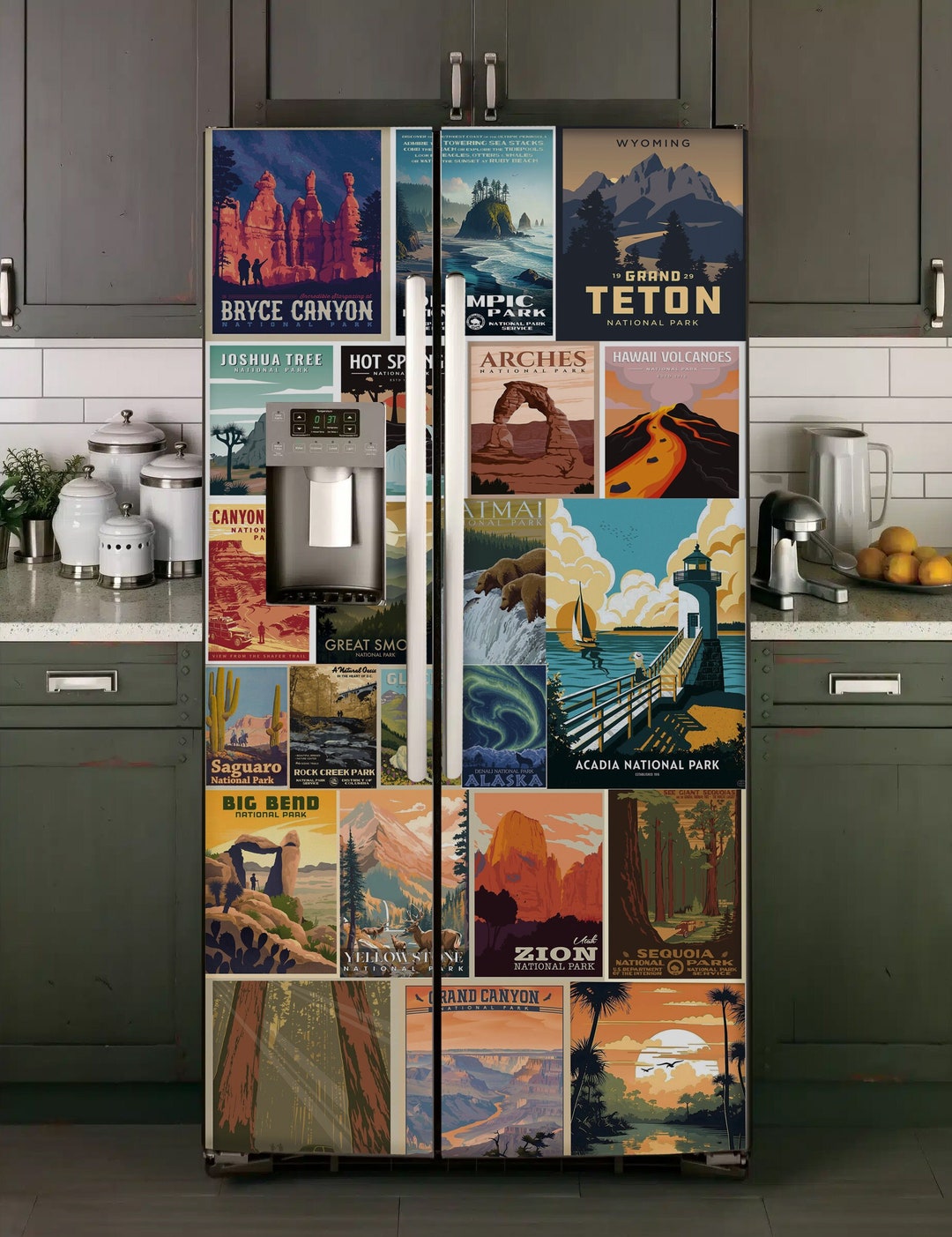 Retro Parks Fridge Wrap, Vintage Refrigerator Wrap, Side by Side Top ...