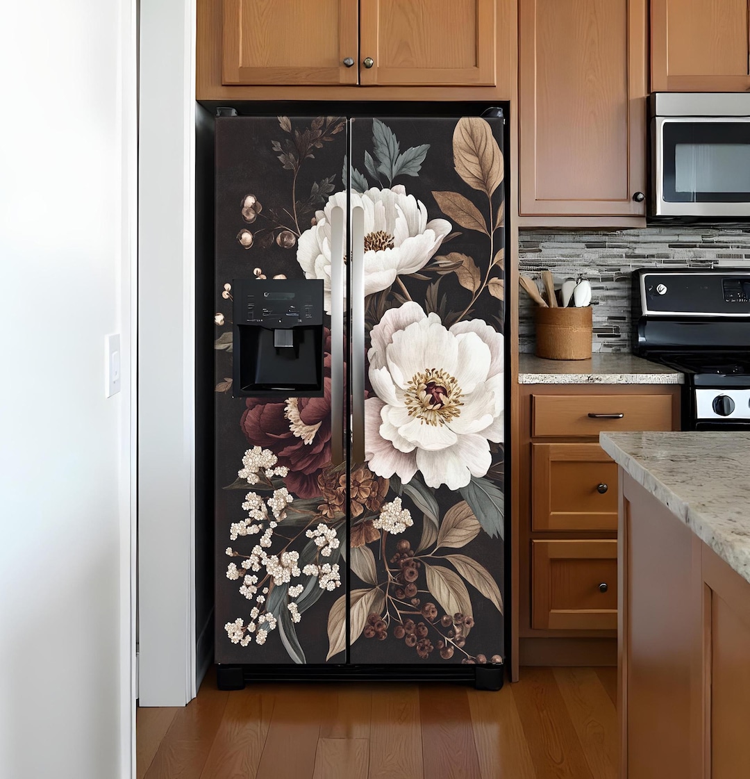 Fridge Wrap Brown Floral Vintage, Refrigerator Wrap Vinyl Side by Side ...