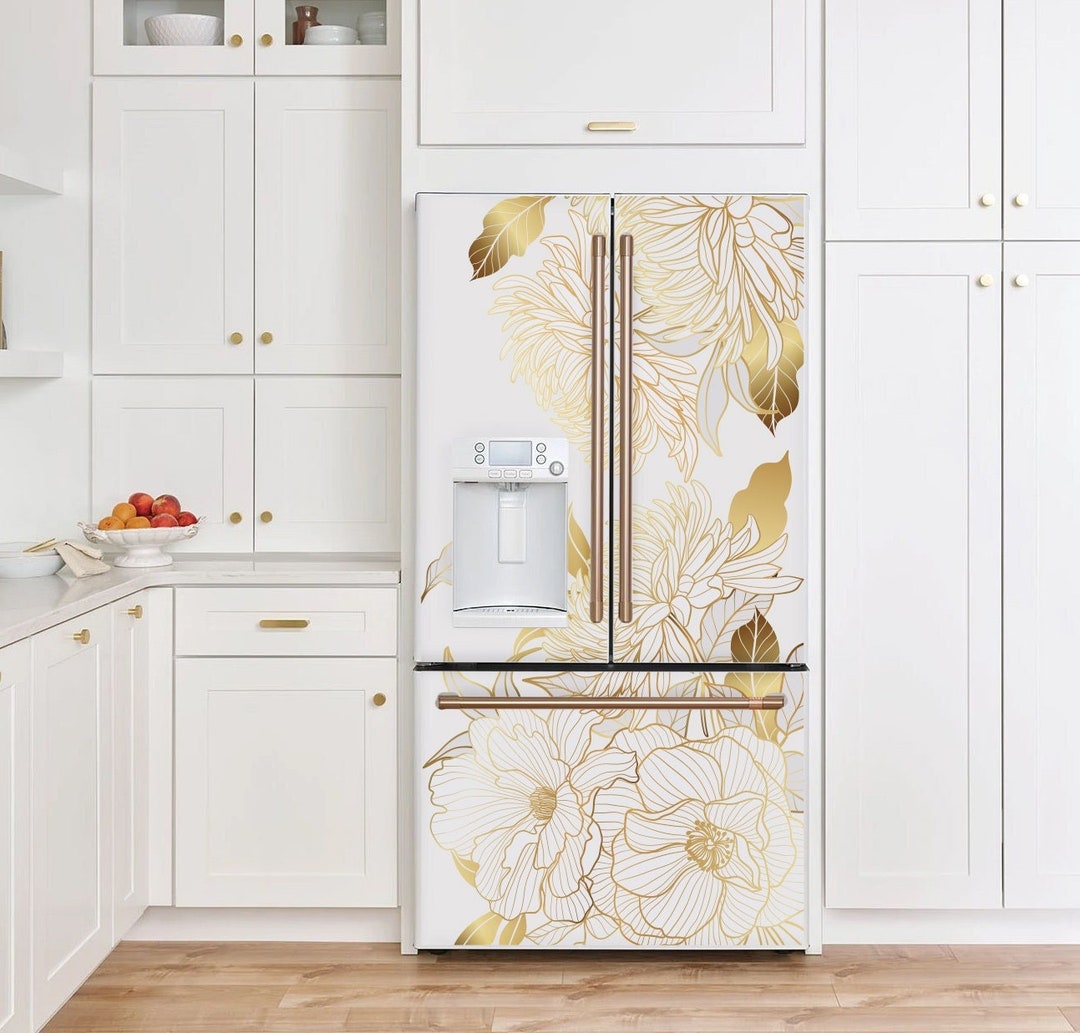 Floral Fridge Wrap Vinyl, Refrigerator Wrap Side by Side Gold White ...