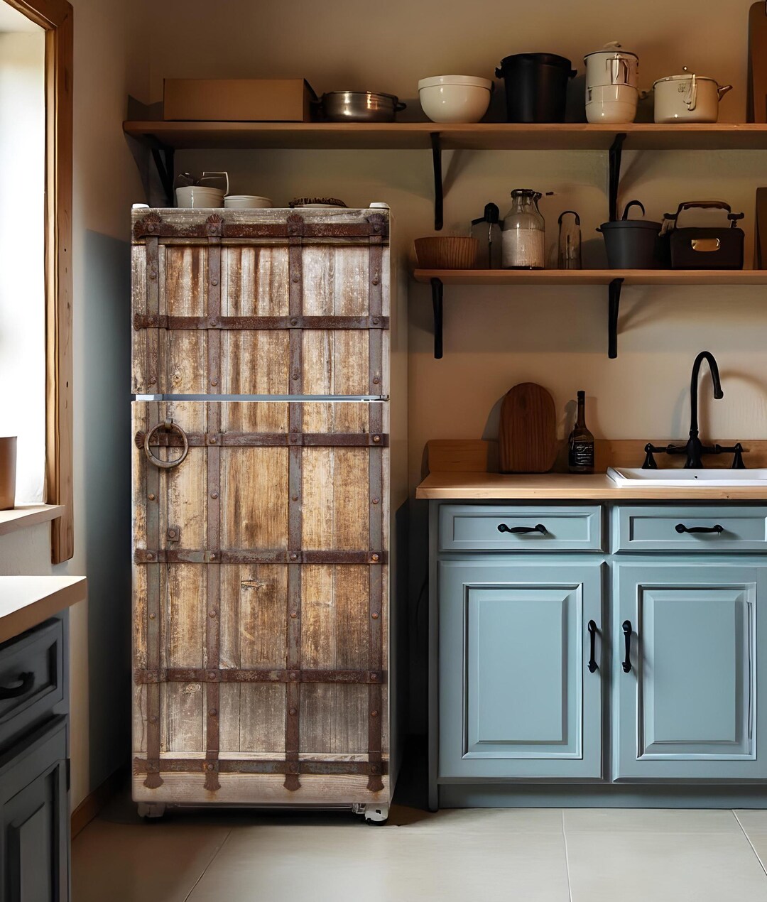 Old Wood Fridge Wrap, Farmhouse Vintage Refrigerator Wrap Vinyl Side by ...
