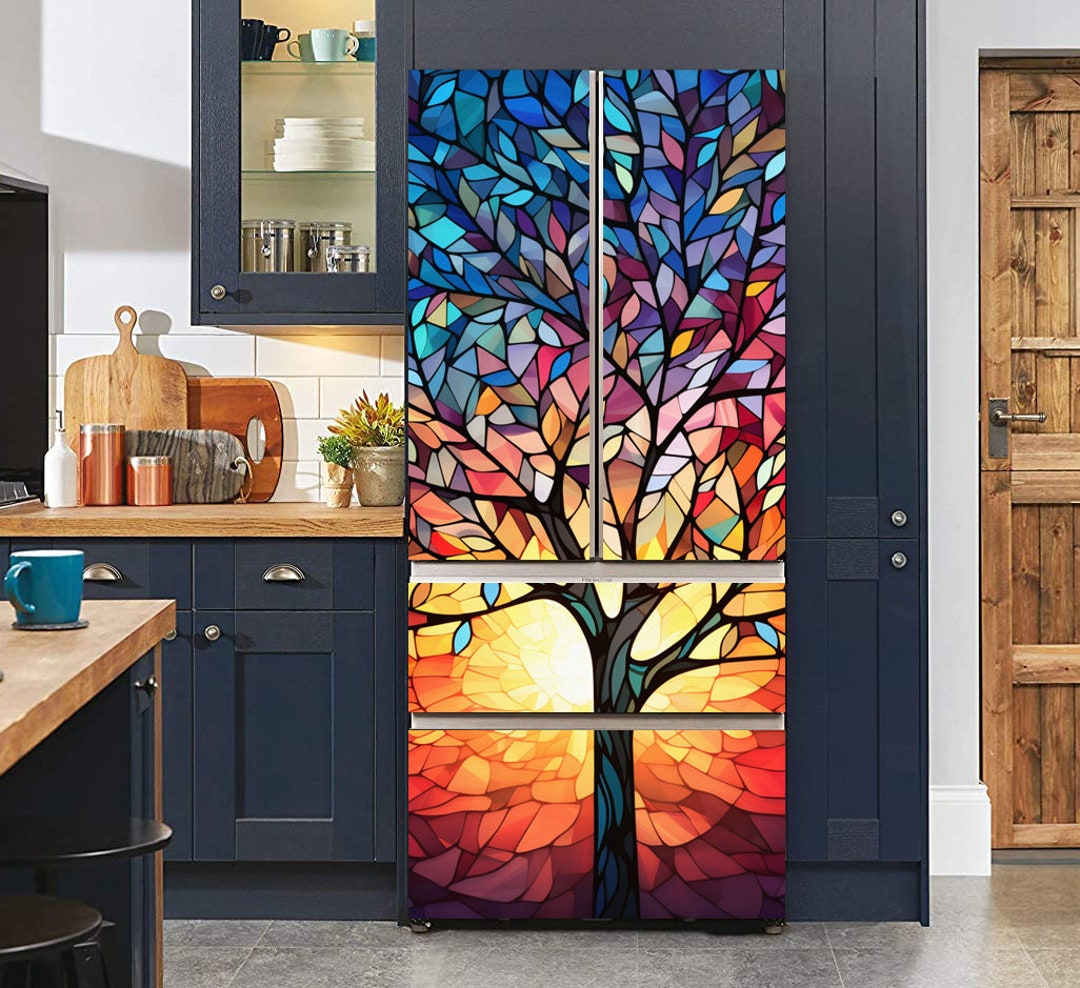 Fridge Wrap Stained Glass Tree, Refrigerator Wrap Side by Side Vinyl ...
