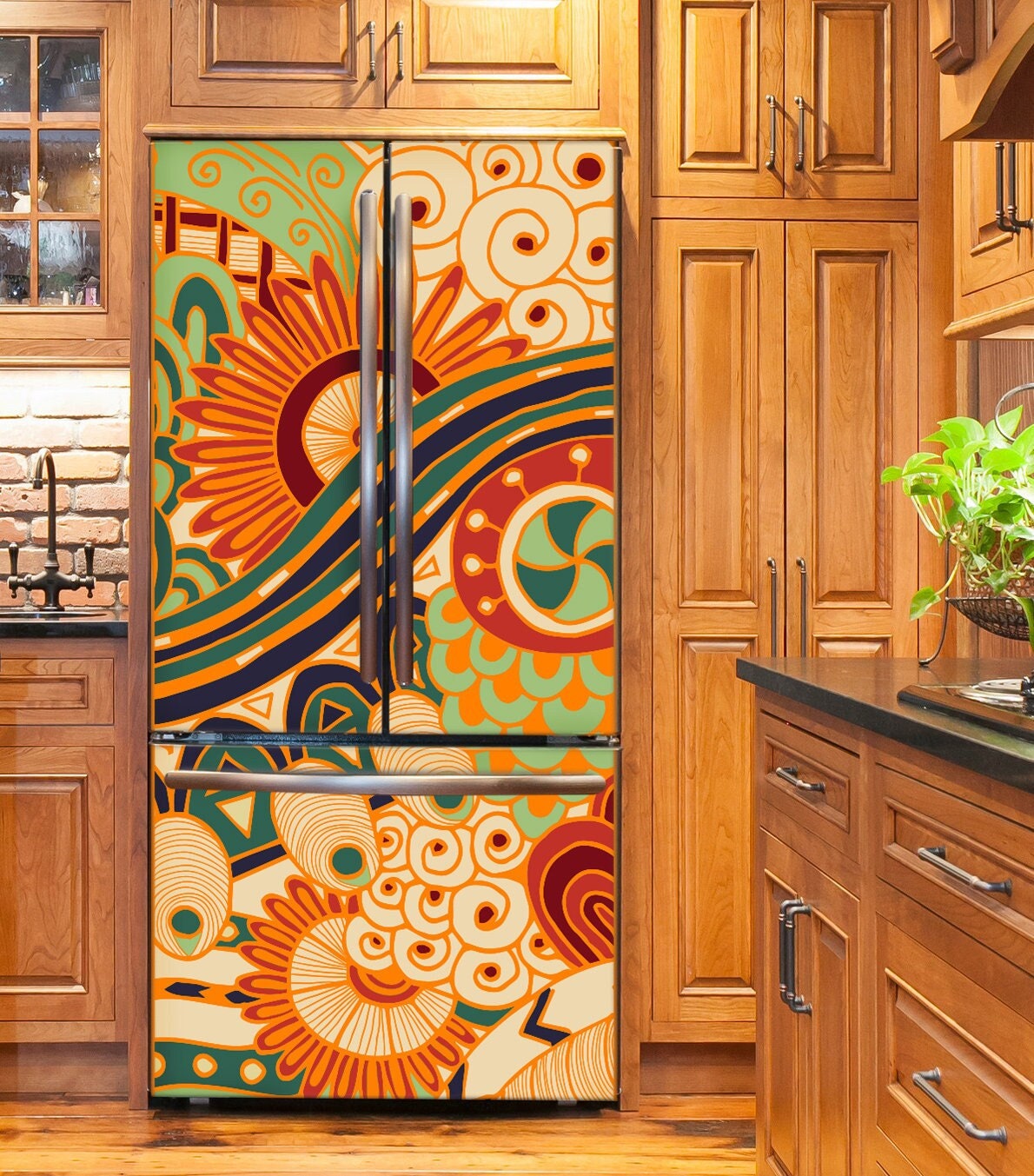 Art Deco Fridge Wrap Peel & Stick Retro Refrigerator Wrap Vinyl Side by Side Fridge Decals Top ...