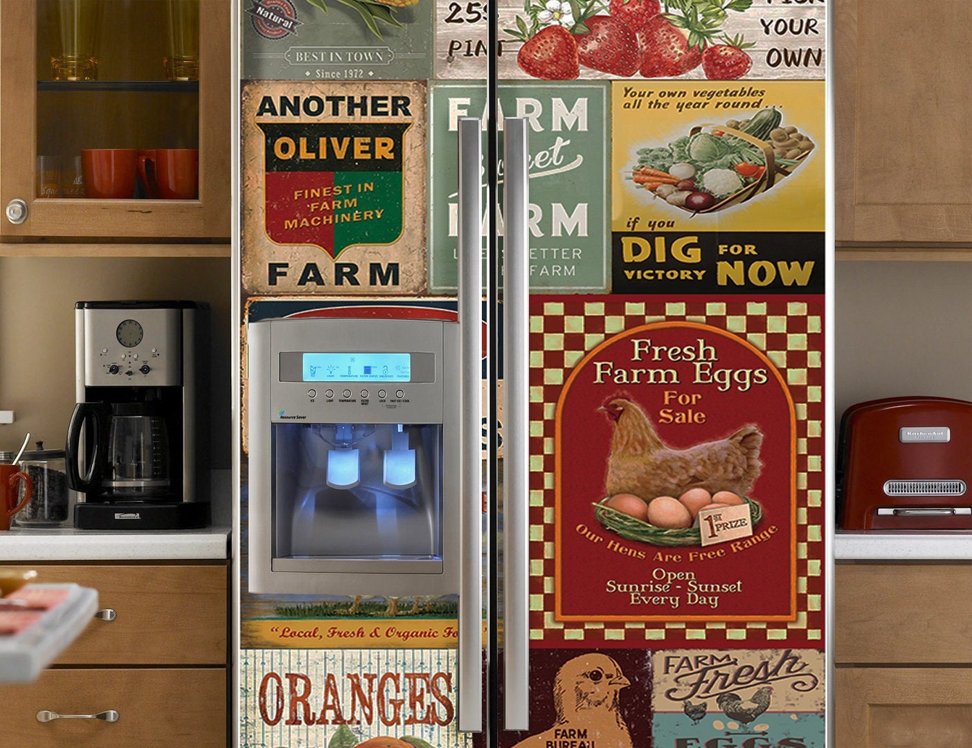 Farm Retro Fridge Wrap, Vintage Refrigerator Vinyl Wrap Side by Side ...