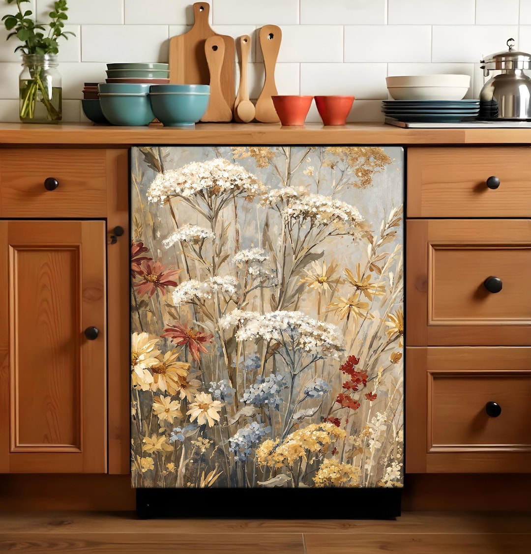 Dishwasher Magnet Cover Floral Wrap, Beige Kitchen Dishwasher Cover ...