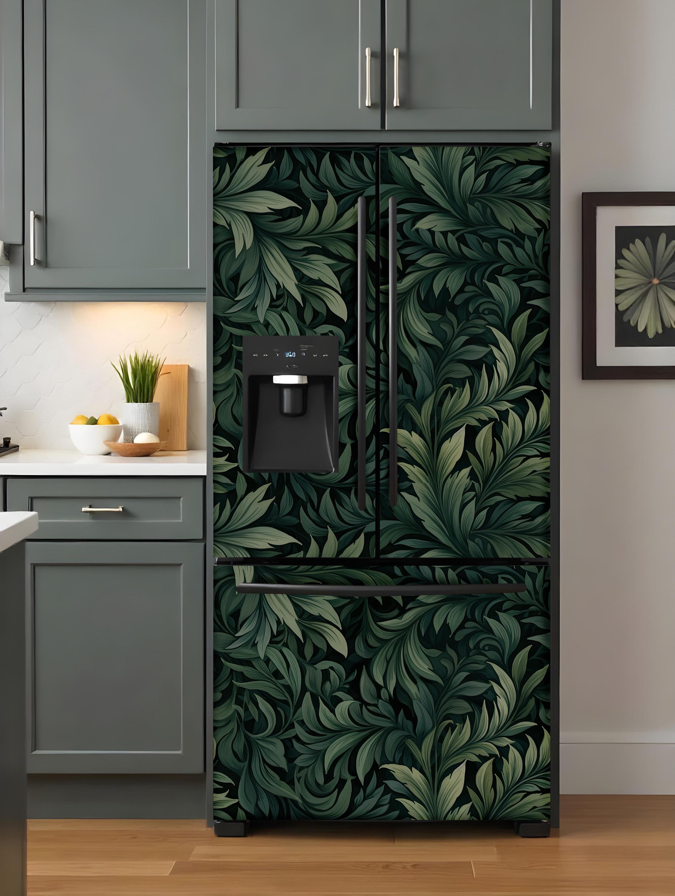 Fridge Wrap Green Leaf Vintage, Refrigerator Wrap Vinyl Side by Side ...