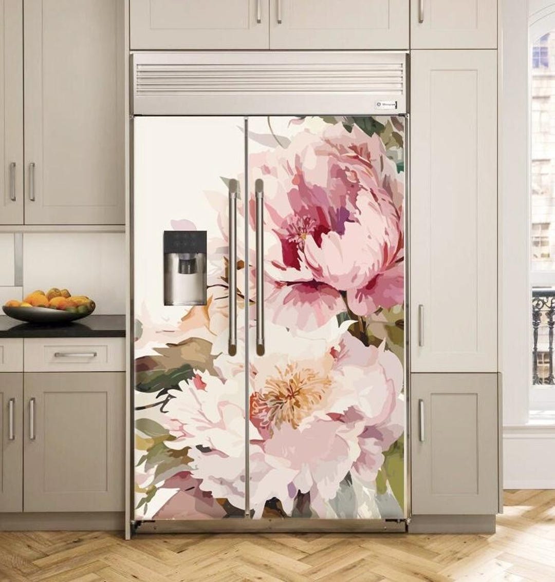 Peony Fridge Wrap Vintage Floral Boho Refrigerator Wrap Vinyl Side by ...