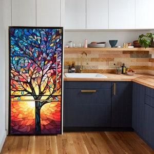 Fridge Wrap Stained Glass Tree, Refrigerator Wrap Side by Side Vinyl ...
