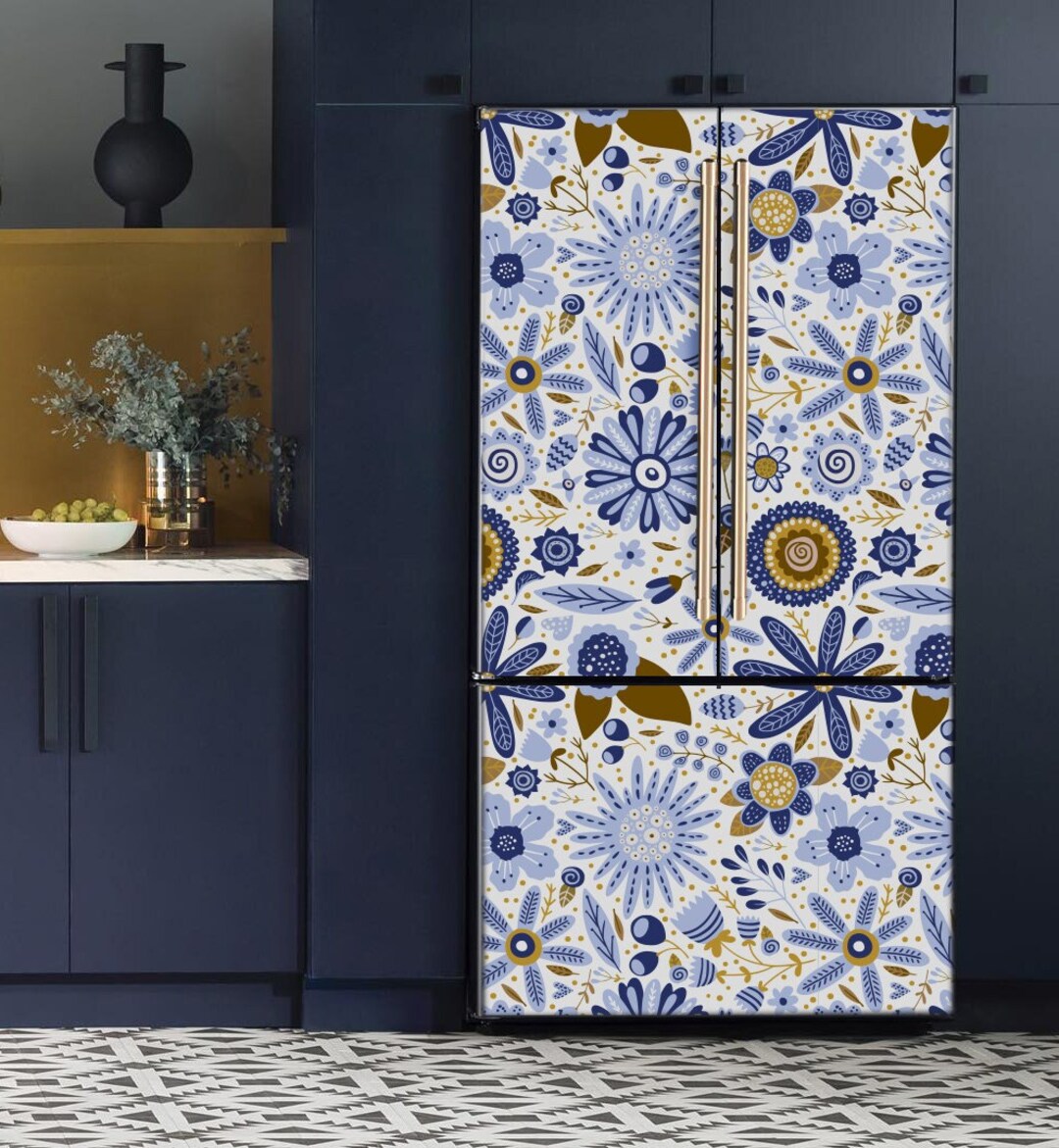 White Fridge Wrap With Blue Floral Refrigerator Wrap Vinyl Side by Side ...