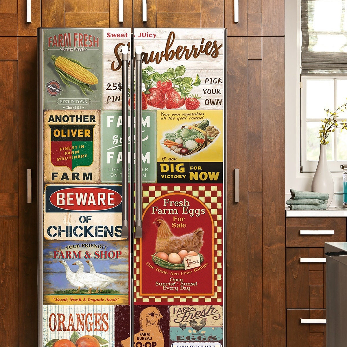 Farm Retro Fridge Wrap, Vintage Refrigerator Vinyl Wrap Side by Side ...