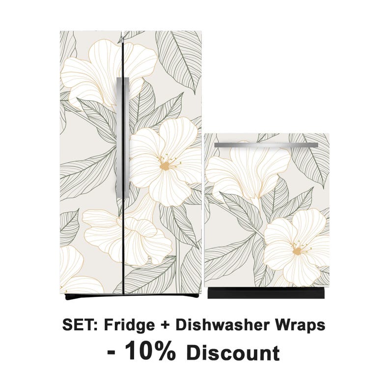 Fridge Wrap Vinyl Floral, Refrigerator Skin, Top Bottom Freezer Decals ...