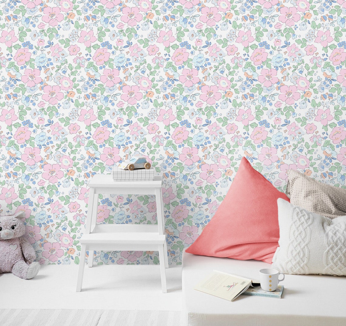 Pink Floral Wallpaper Nursery or Girls Room, Flower Wallpaper Peel ...