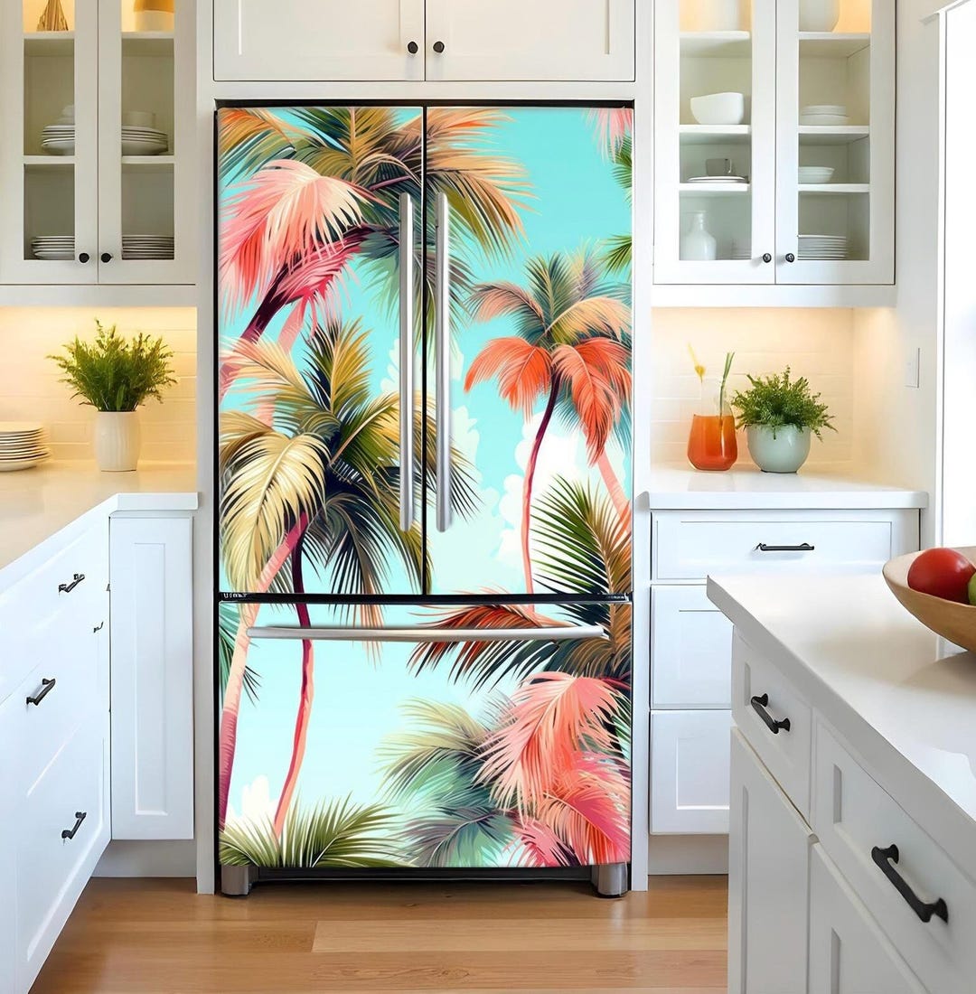 Coastal Fridge Wrap, Palm Refrigerator Wrap Vinyl Side by Side ...