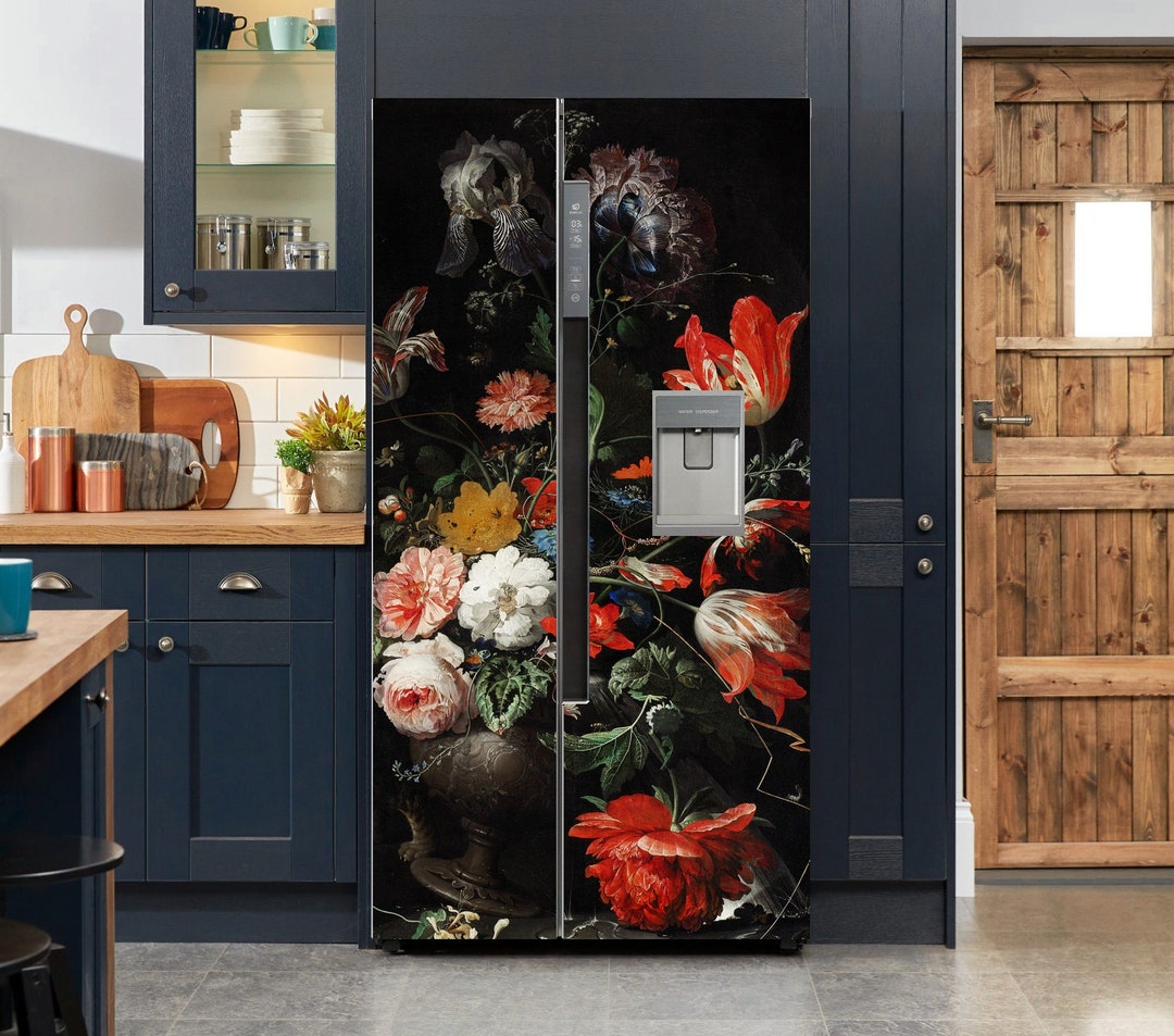 Refrigerator Wrap Vintage Floral, Retro Fridge Wrap Vinyl Side by Side ...