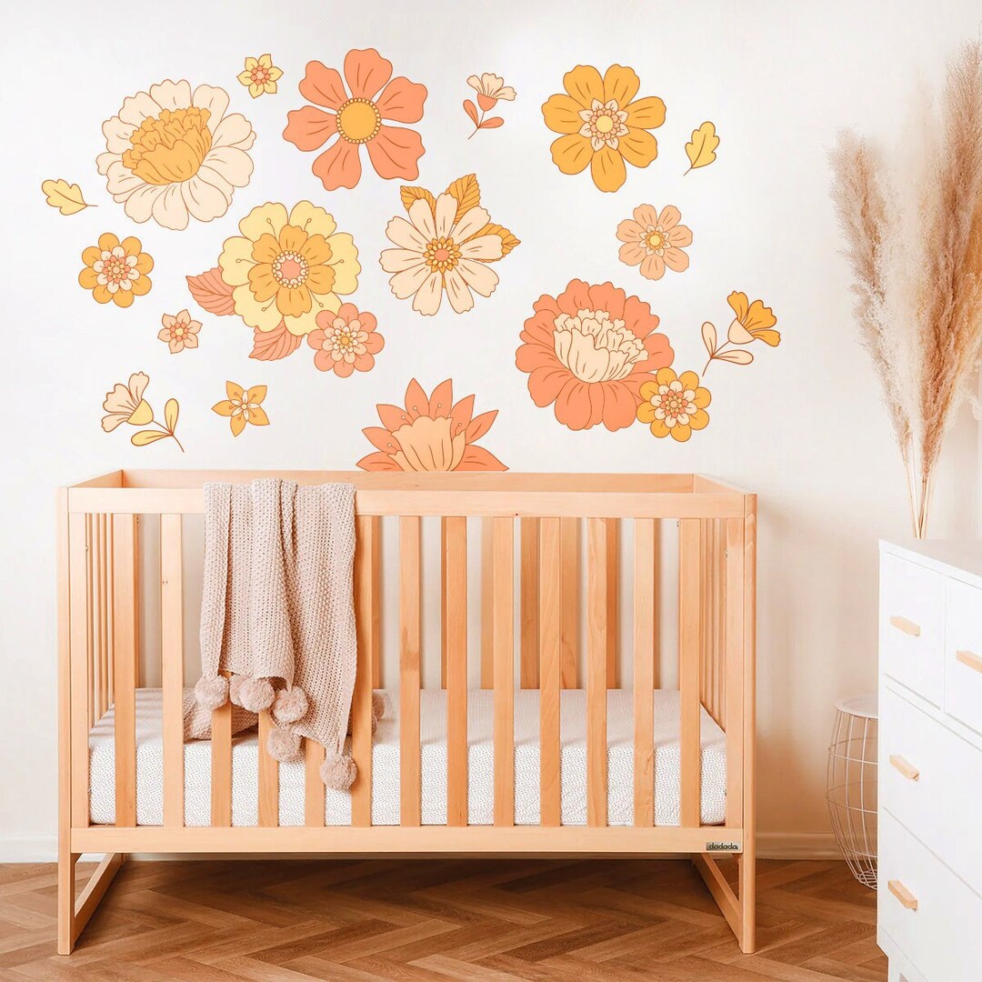 Boho Flower Wall Decals Girls Bedroom, Retro Floral Wall Decals Vintage ...