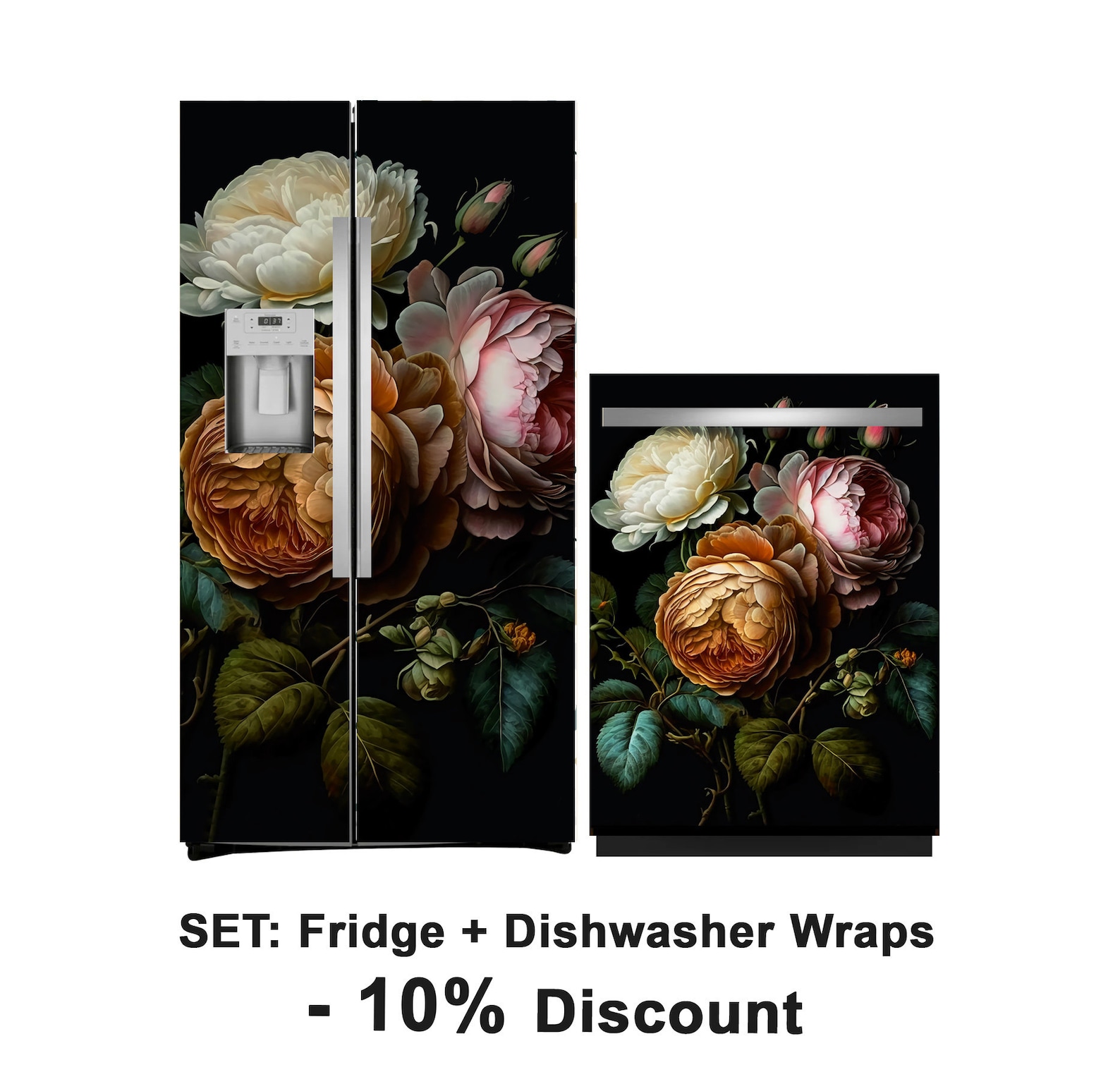 Floral Fridge Wrap Vintage Refrigerator Wrap Vinyl Side by Side Black ...