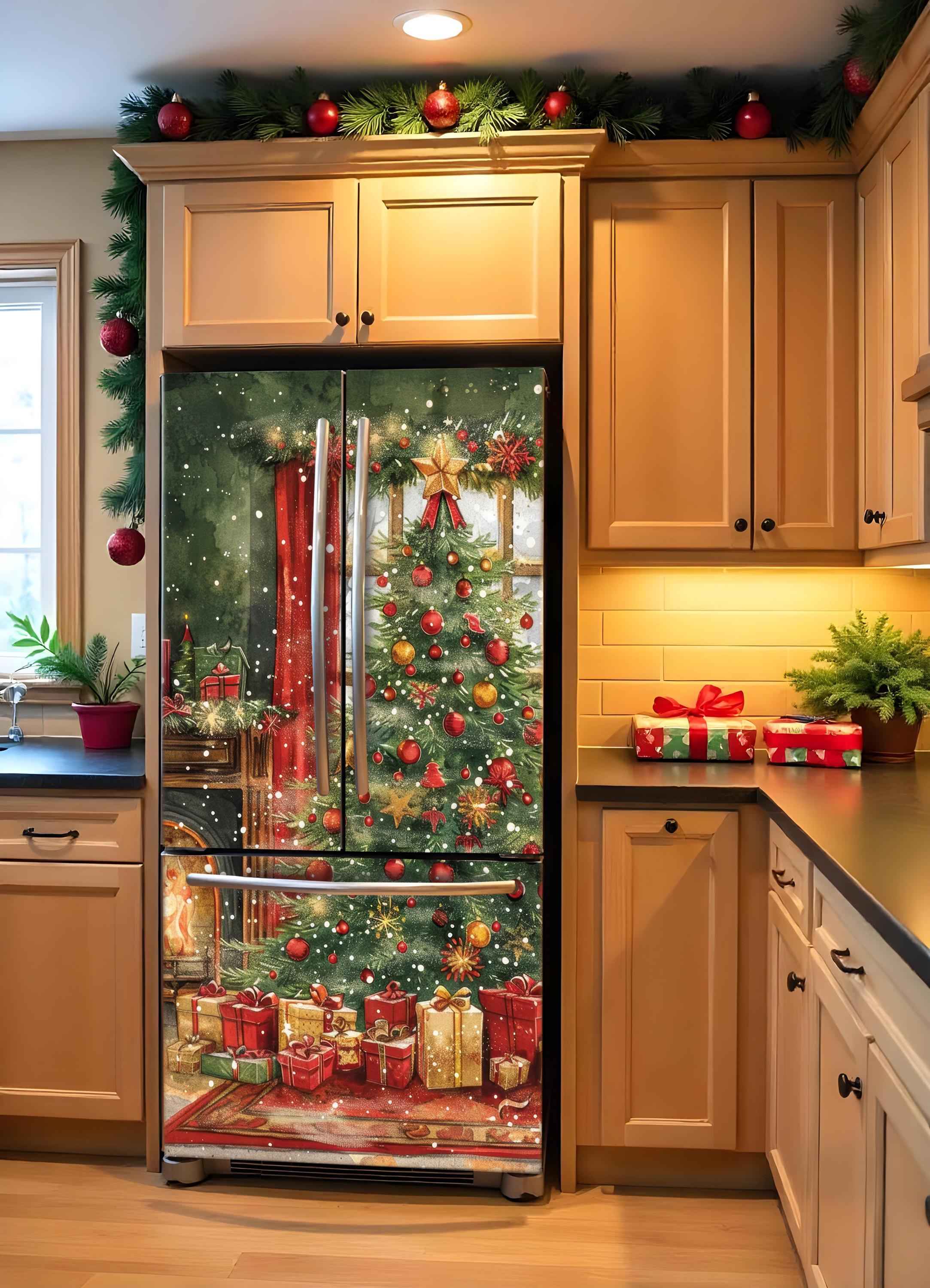 Christmas Tree Fridge Wrap Magnetic, Refrigerator Wrap Vinyl Side by ...