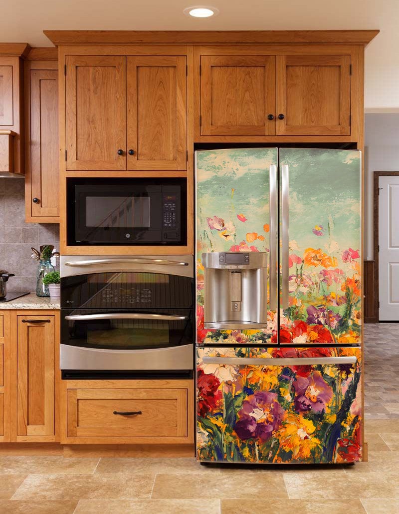Fridge Wrap Floral Oil Painting, Refrigerator Wrap Vinyl Side by Side ...
