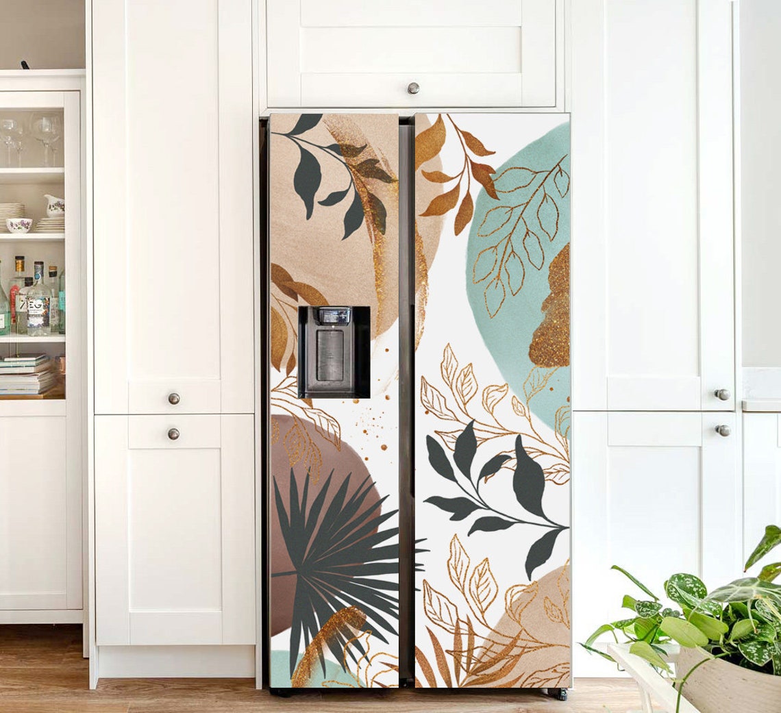 Boho Fridge Wrap Leaves, Refrigerator Wrap Vinyl Side by Side, Brown ...