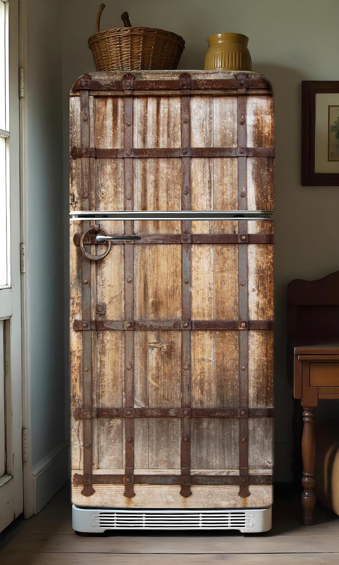 Old Wood Fridge Wrap, Farmhouse Vintage Refrigerator Wrap Vinyl Side by ...