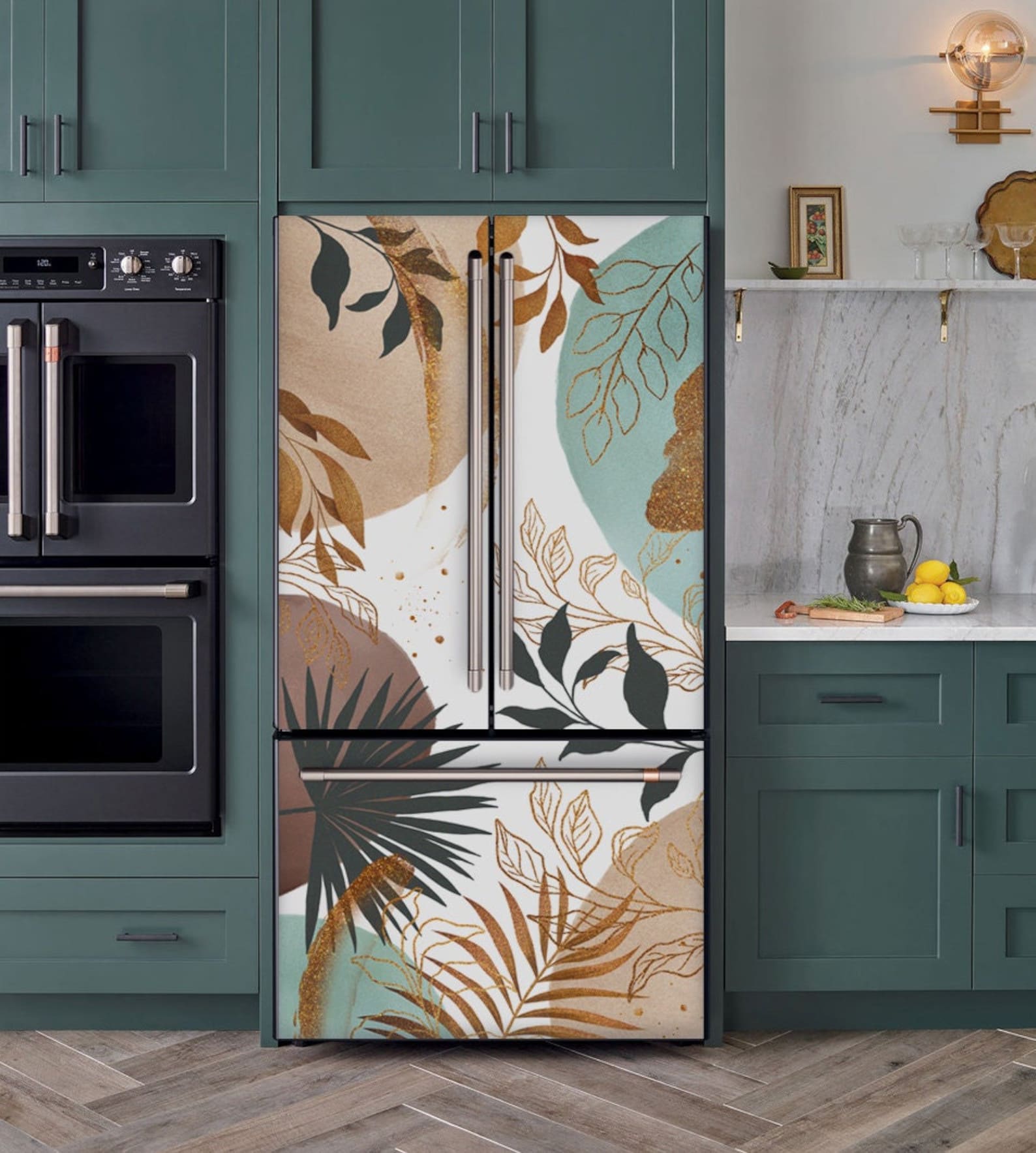 Boho Fridge Wrap Leaves, Refrigerator Wrap Vinyl Side by Side, Brown ...