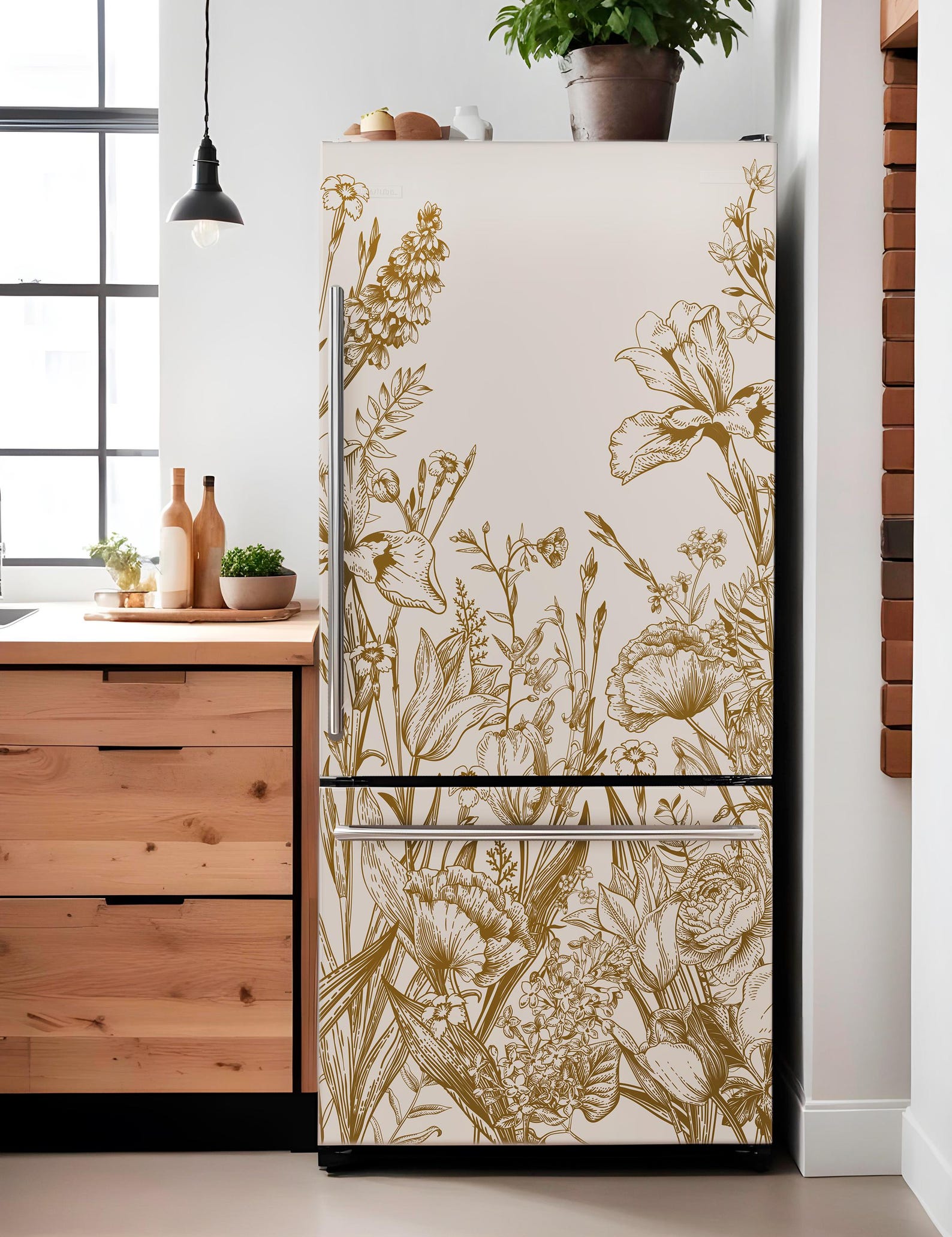 Vintage Floral Fridge Wrap Beige, Removable French Door Refrigerator ...