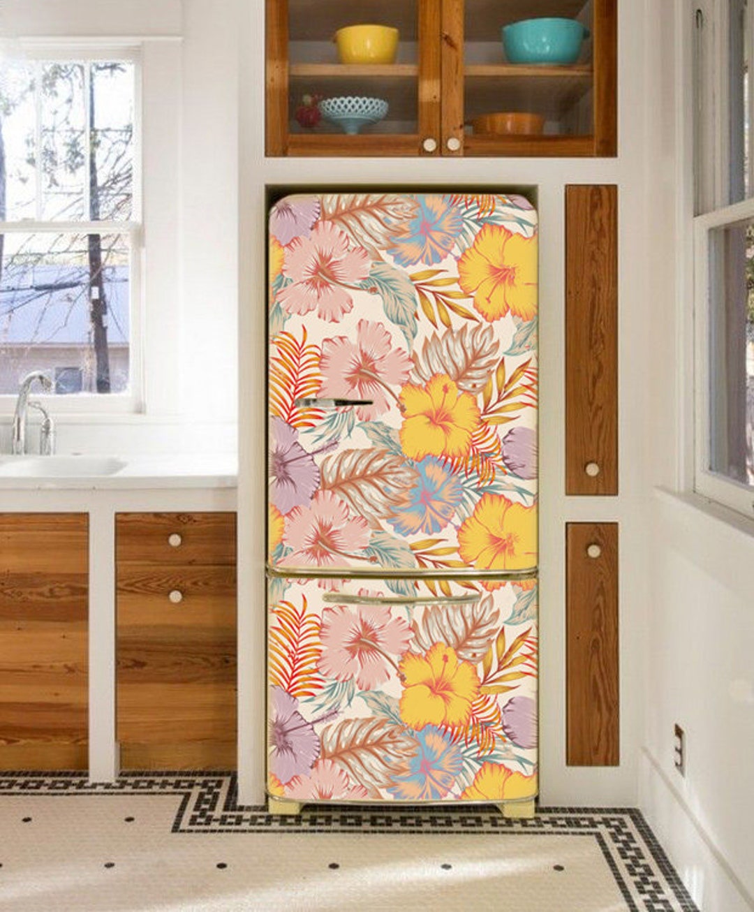 Fridge Wrap Tropical Floral, Refrigerator Wrap Vinyl Side by Side ...