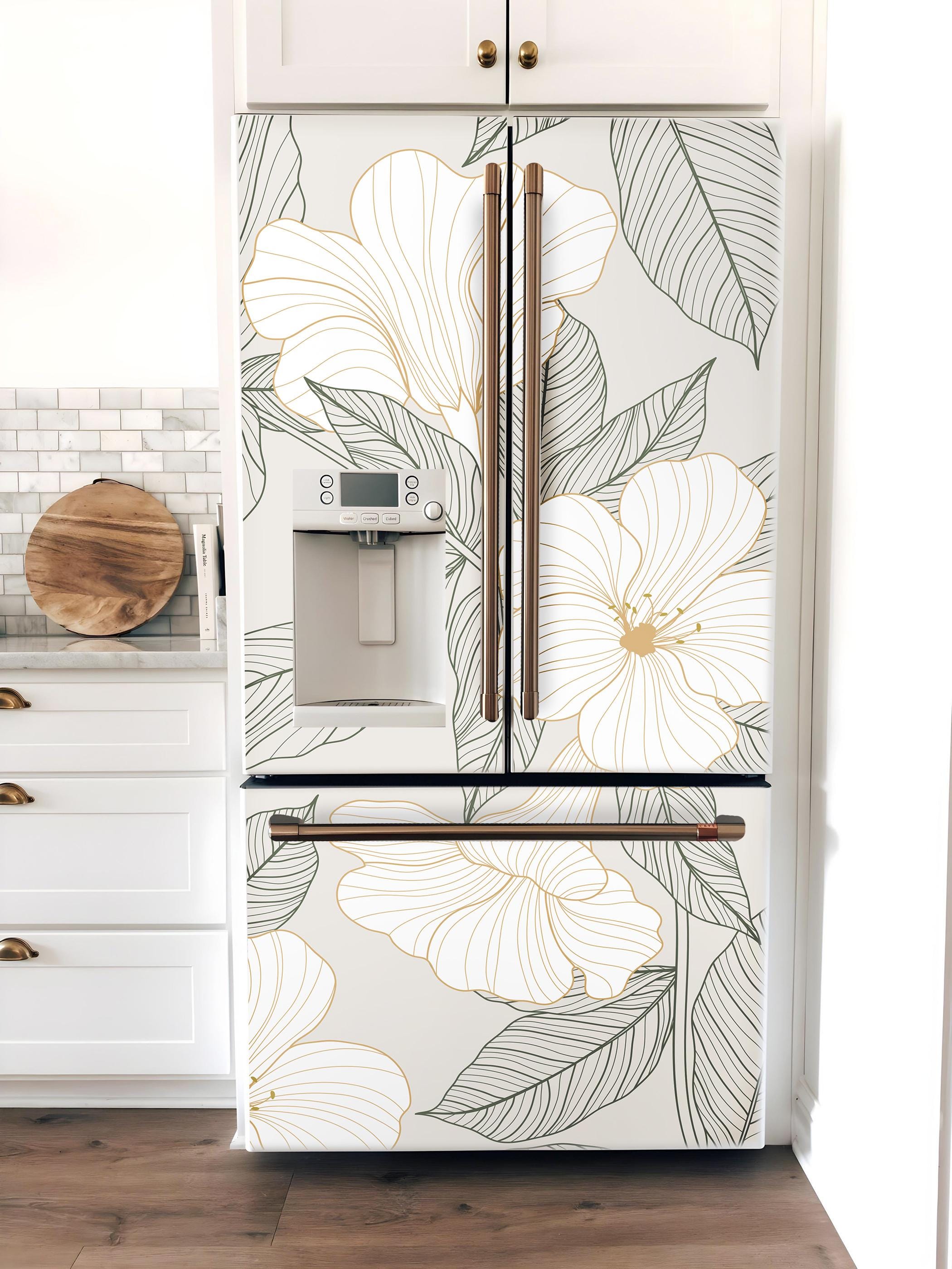 Fridge Wrap Vinyl Floral, Refrigerator Skin, Top Bottom Freezer Decals ...