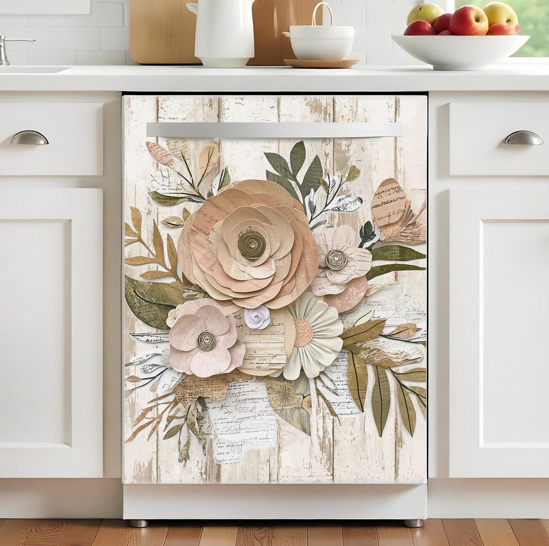 Dishwasher Magnet Cover Paper Flowers, Rustic White Kitchen Dishwasher ...