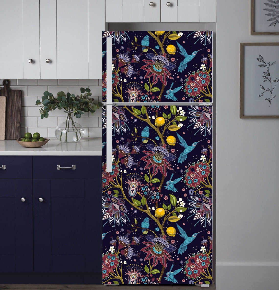 Refrigerator Wrap Side by Side Floral, Vintage Fridge Wrap Vinyl ...