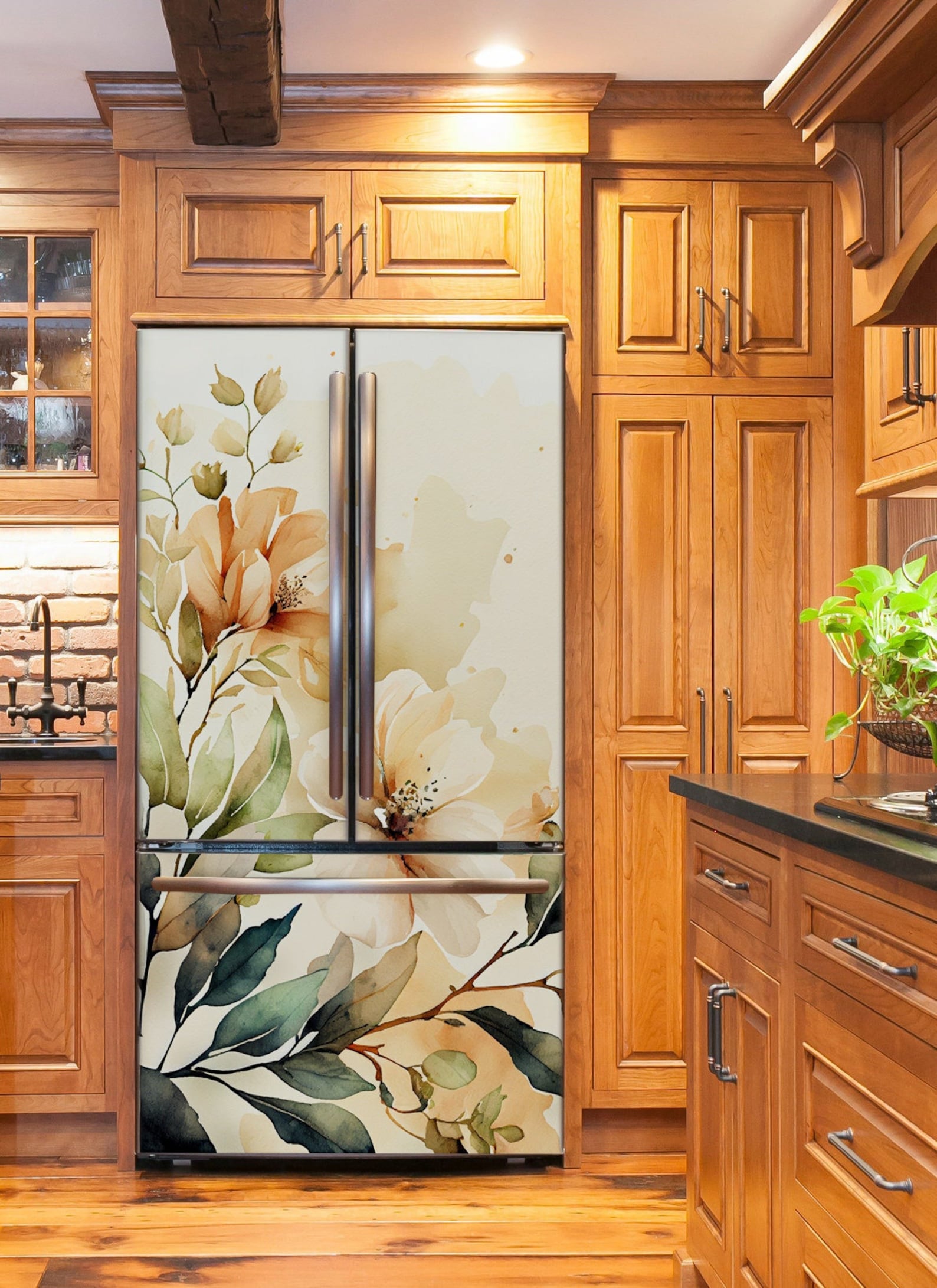 Fridge Wrap Floral Beige Refrigerator Wrap Vinyl Side by Side ...