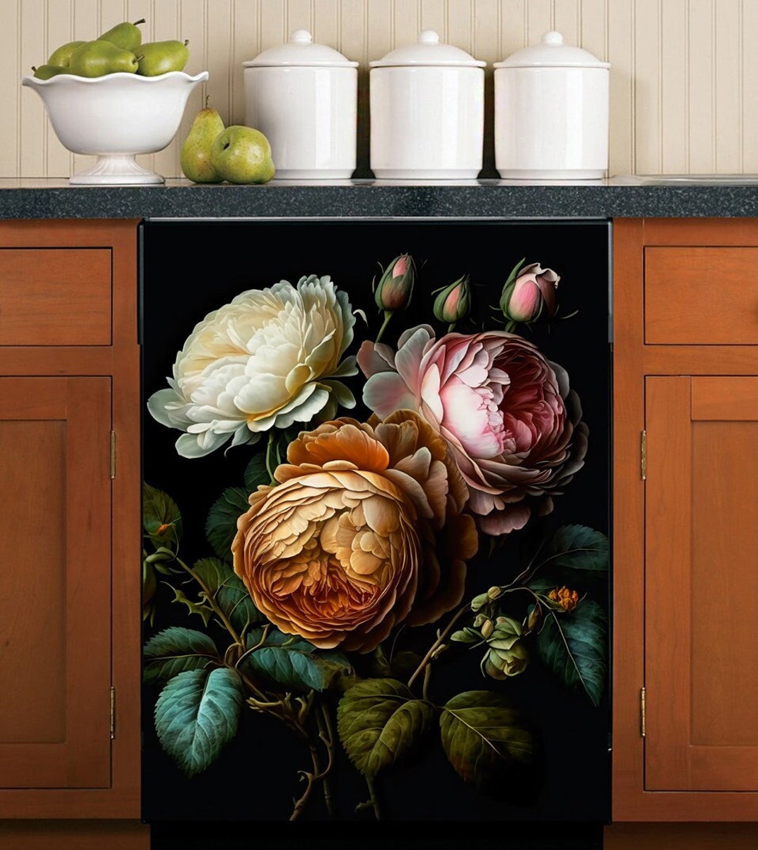 Floral Dishwasher Magnet Cover Vintage Dark Flower Kitchen Dishwasher ...