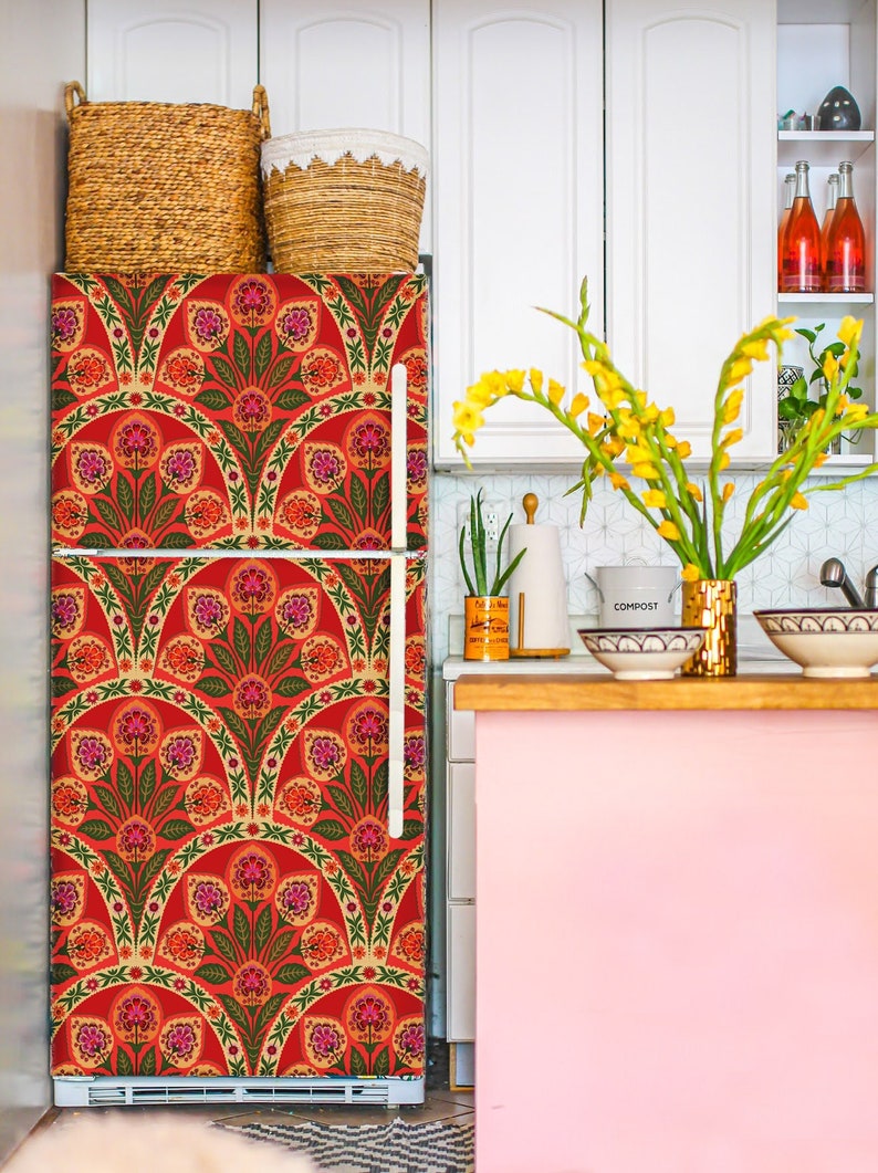 Art Deco Floral Fridge Wrap, Red Refrigerator Wrap Vinyl Side by Side ...