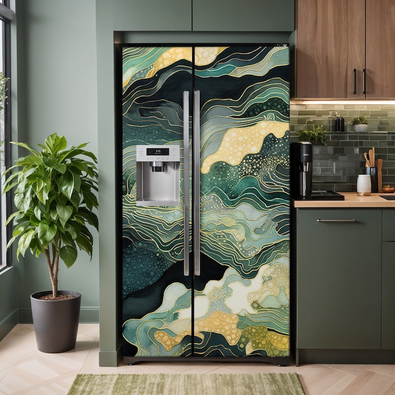 Fridge Wrap Green Marble Refrigerator Wrap Vinyl Side by Side Top ...