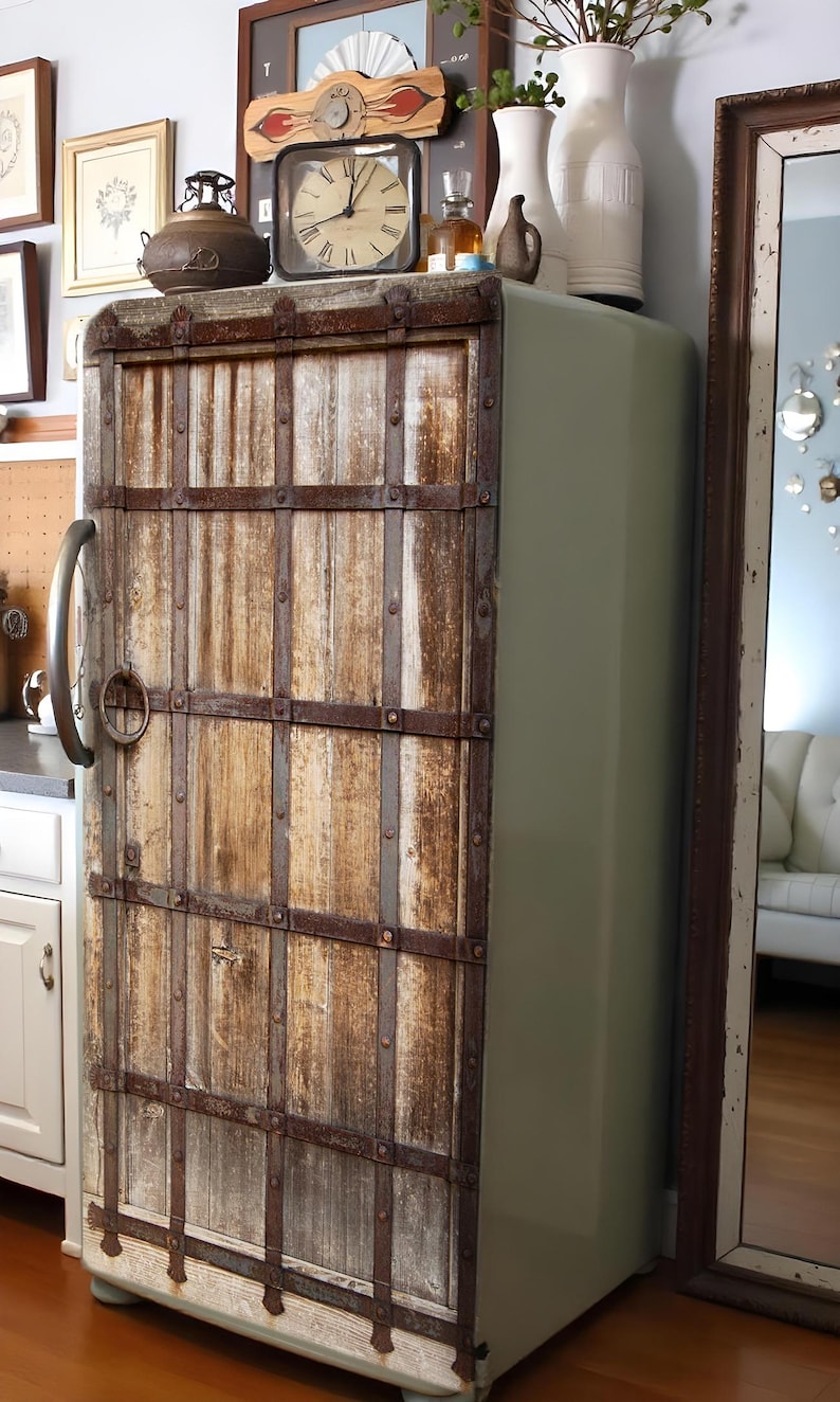 Old Wood Fridge Wrap, Farmhouse Vintage Refrigerator Wrap Vinyl Side by ...