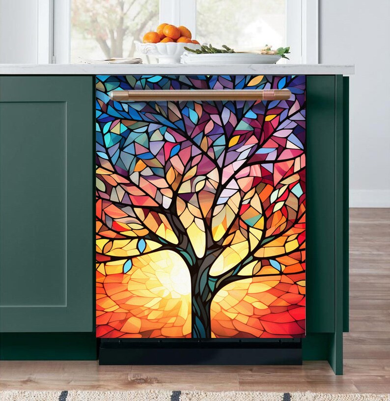Fridge Wrap Stained Glass Tree, Refrigerator Wrap Side by Side Vinyl ...