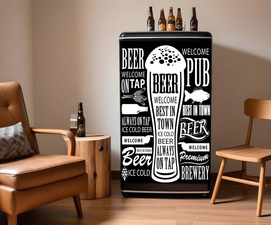 Beer Fridge Wrap MINI Fridge Decal for Beer Lovers, Black Beer Decal ...