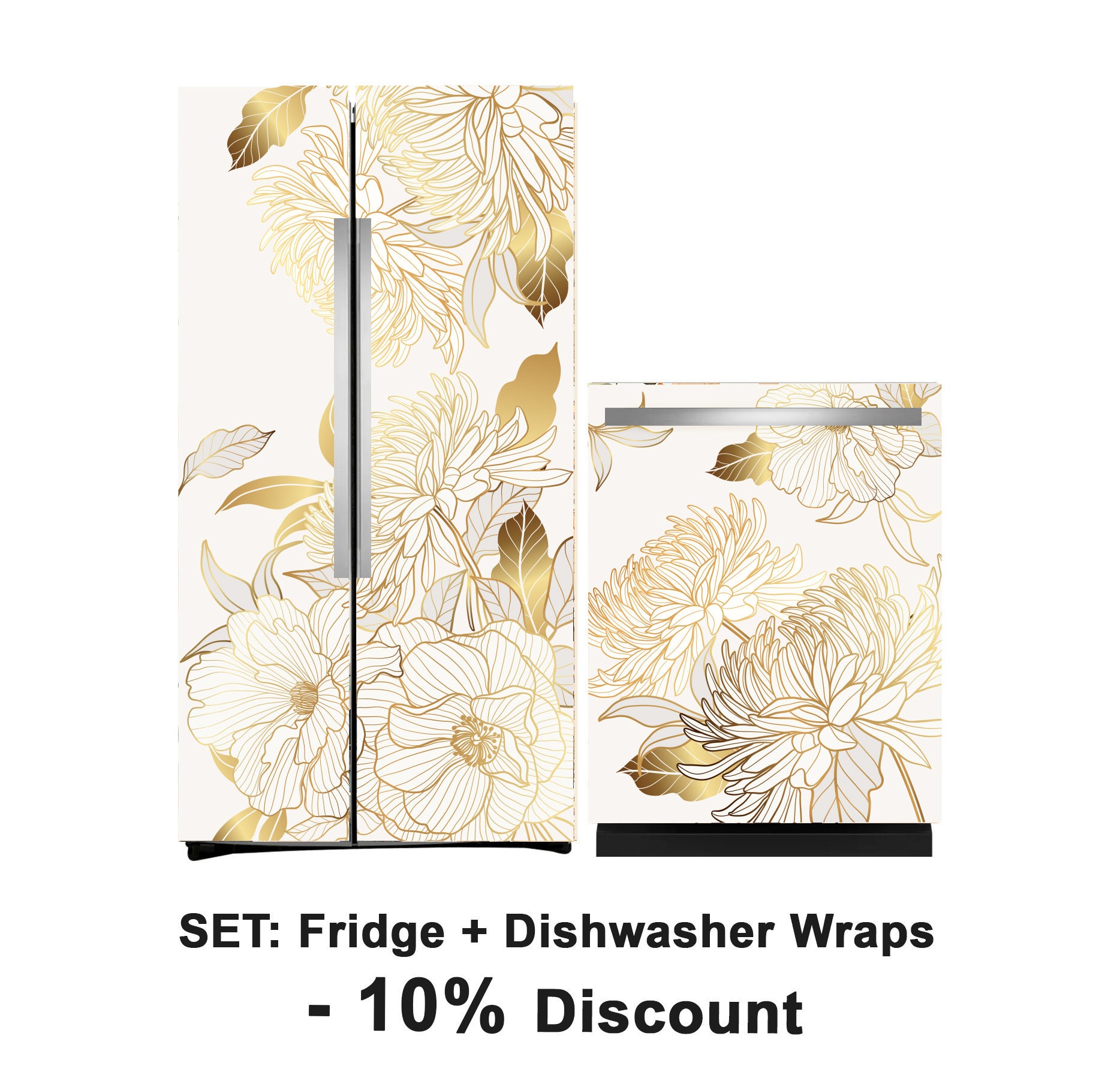 Floral Fridge Wrap Vinyl, Refrigerator Wrap Side by Side Gold White ...